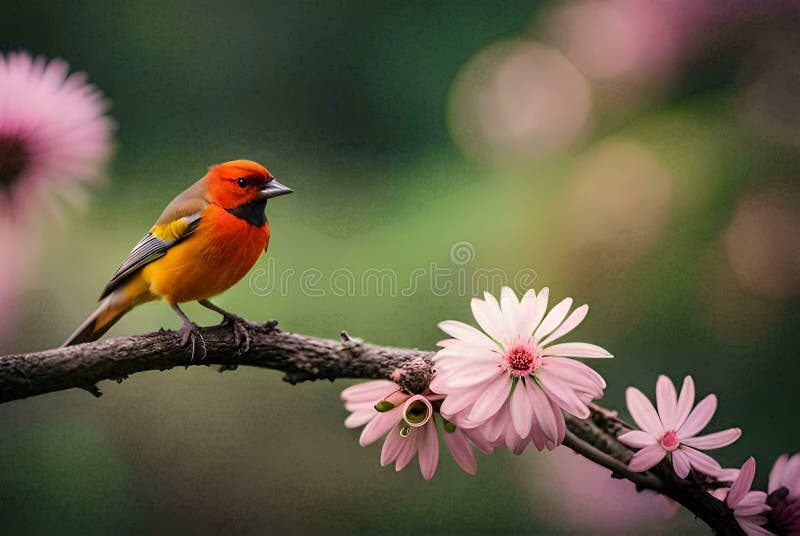 Robin on a Flower Robin on Branch Stock Illustration - Illustration of ...
