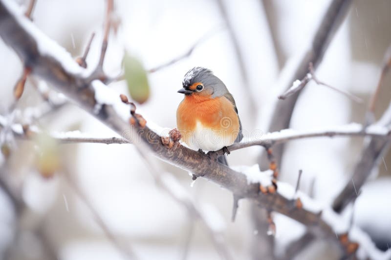 Robin Fluffing Feathers on Frosty Tree Limb Stock Photo - Image of ...