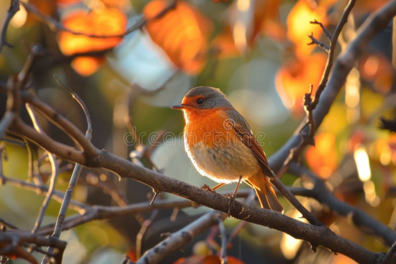 A Robin Perches on a Bare Branch, Basking in the Warm Glow of the ...
