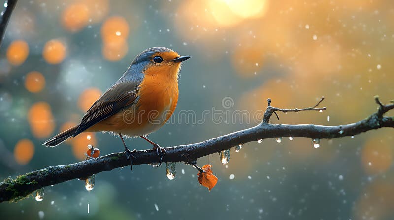 A Robin Perches on a Branch with Raindrops Falling Around it, with a ...