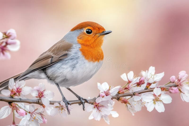Robin Perches Gracefully on a Blooming Cherry Blossom Branch Amidst ...
