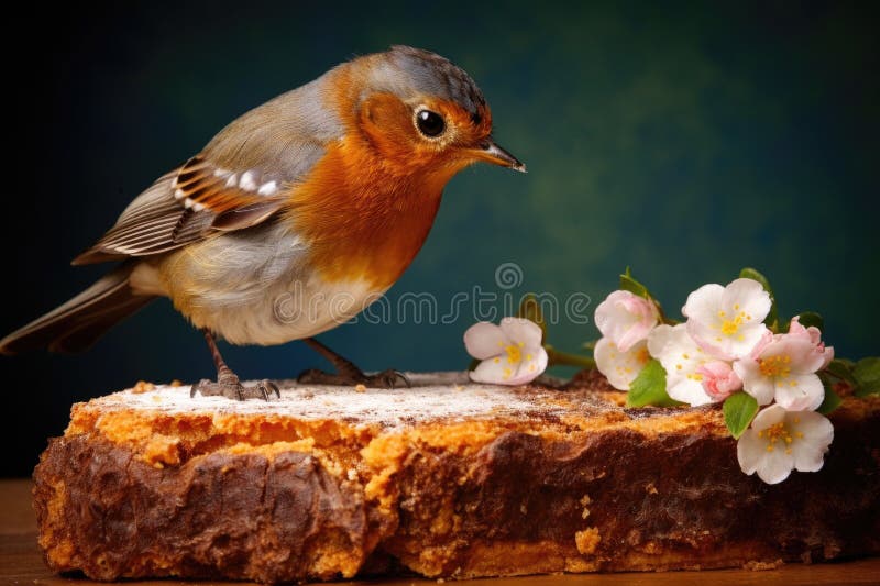 A Robin Picking Up a Crumb of Cake from a Garden Party Table Stock ...