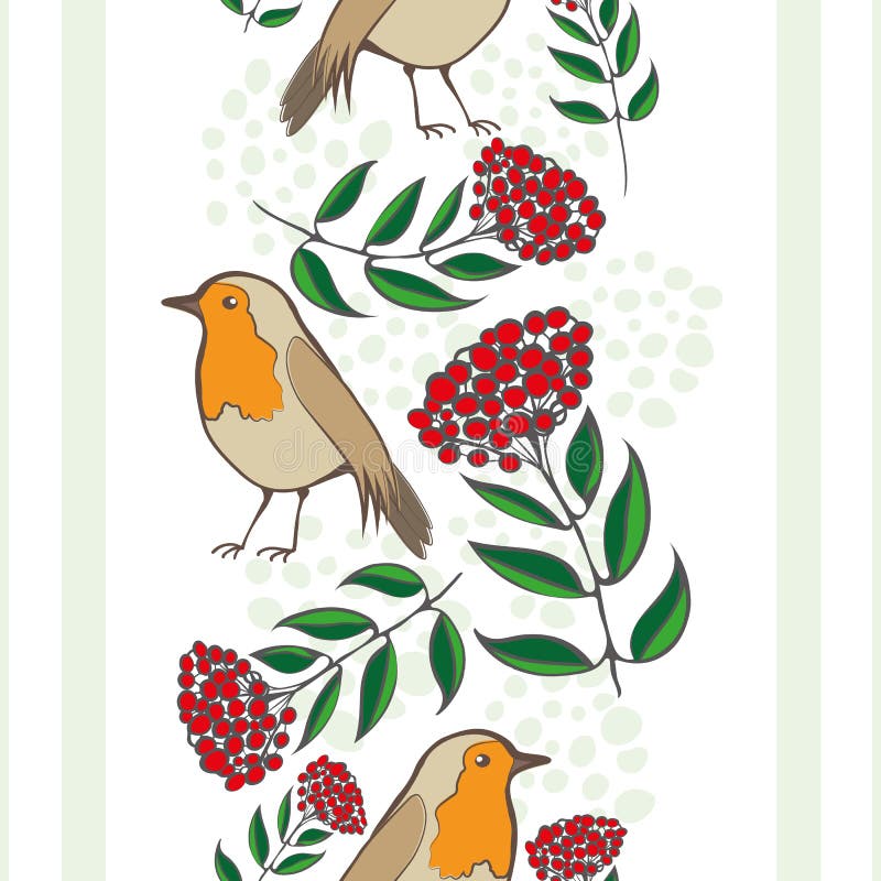 Robin Redbreast, Berries, Leaves, Stripes Seamless Vector Pattern ...