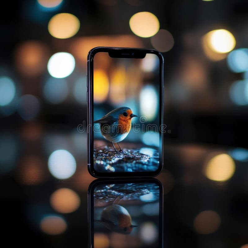 A Robin on a Smartphone Screen Against a Bokeh Background Stock ...