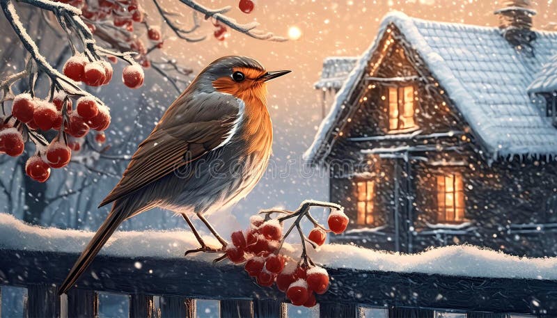 Robin in the snow cartoon stock image. Image of tree - 329180301