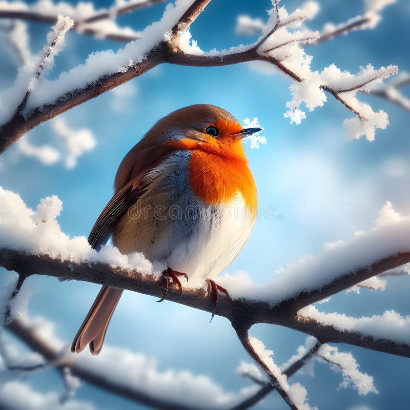 Robin in snowy tree. stock illustration. Illustration of beauty - 301067839