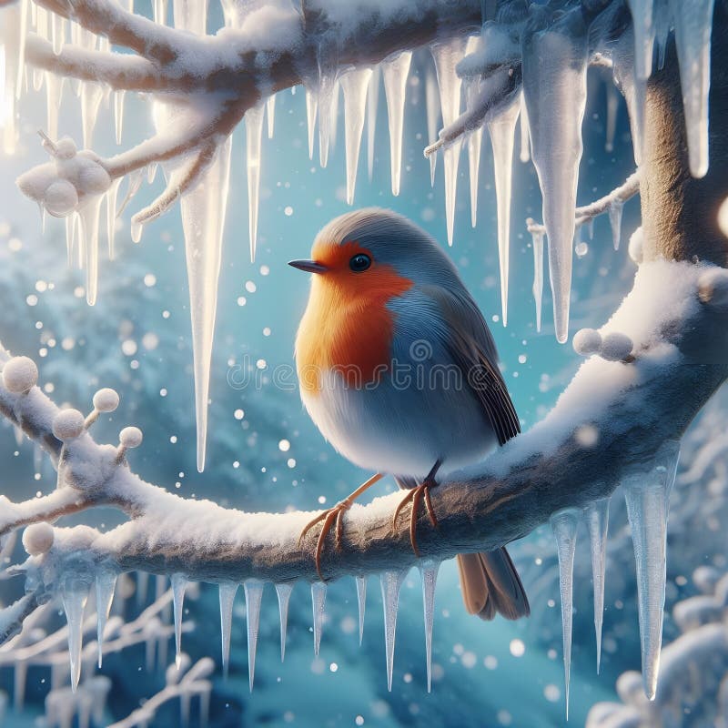 Robin in snowy tree. stock illustration. Illustration of snow - 301067822