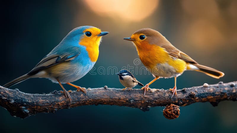 Robin and Sparrow Perched on Tree Branches in Lush Garden Setting Stock ...