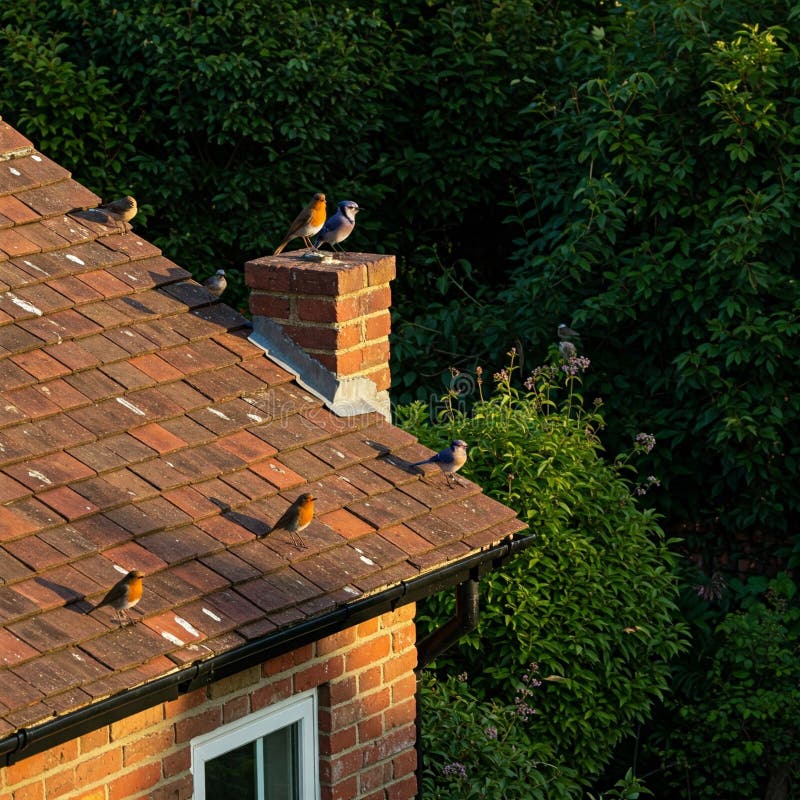 Robins and a Bluebird Perch on a Brick Roof and Chimney. Stock Photo ...