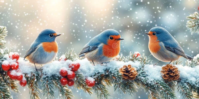 Robins Perching on Snowy Branch with Red Berries and Pine Cones in ...
