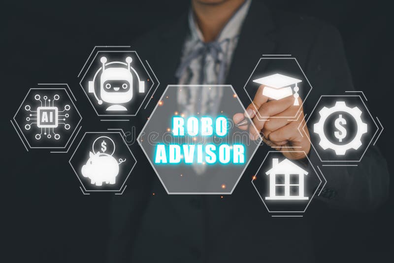 Business Person Hand Pointing Robo Advisor Icon on Virtual Screen Stock ...