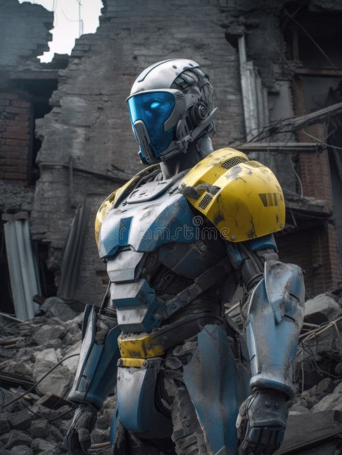 Robo Warrior Against the Background of Destroyed Buildings. AI ...