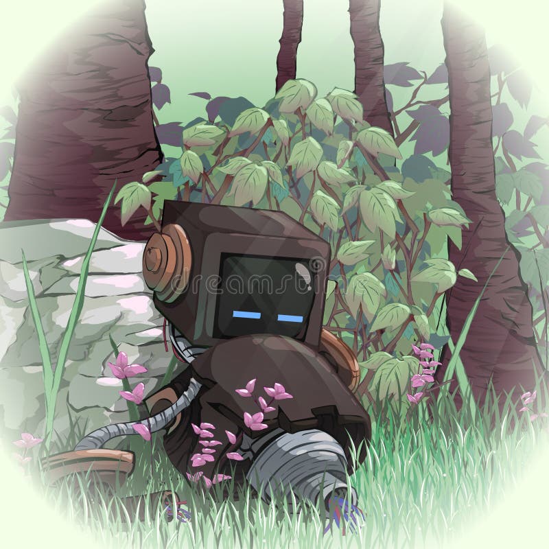 Damaged Old Robot Leaning on a Rock Stock Vector - Illustration of ...