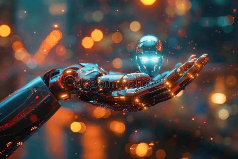 Robot Above Hand, Digital Interface, AI Chatbot, Futuristic Tech, Blue ...