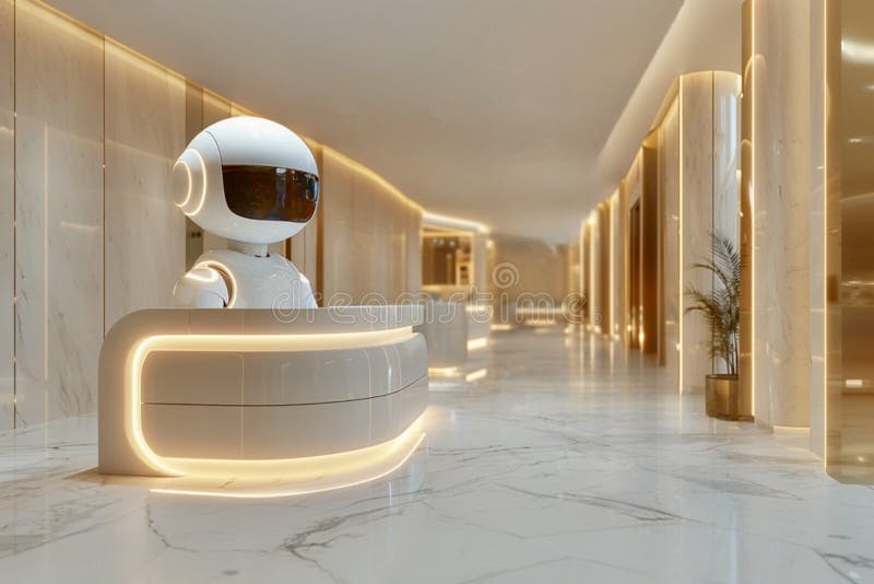 Robot Administrator Stands at the Reception in the Bright Modern Lobby ...
