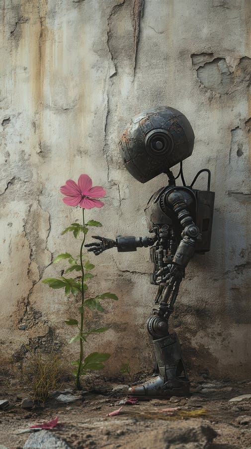 Robot Admiring Tall Pink Flower in Urban Decay Setting Stock Photo ...