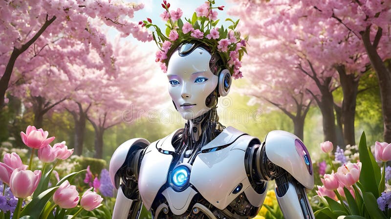 Robot Wears a Flower Crown. Generative AI. Stock Illustration ...