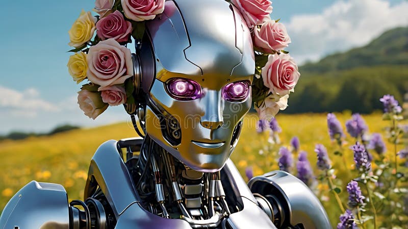 Robot Wears a Flower Crown. Generative AI. Stock Illustration ...