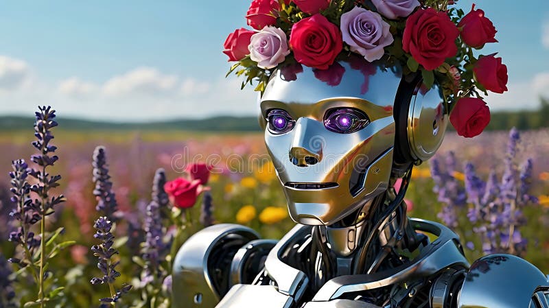 Robot Wears a Flower Crown. Generative AI. Stock Illustration ...