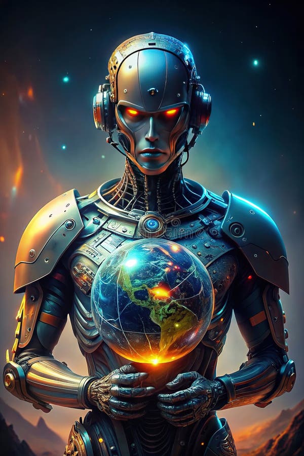 Robot Age. New Generation Robots. Robot Holding a World Globe Stock ...
