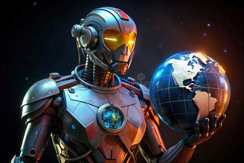 Robot Age. New Generation Robots. Robot Holding a World Globe Stock ...