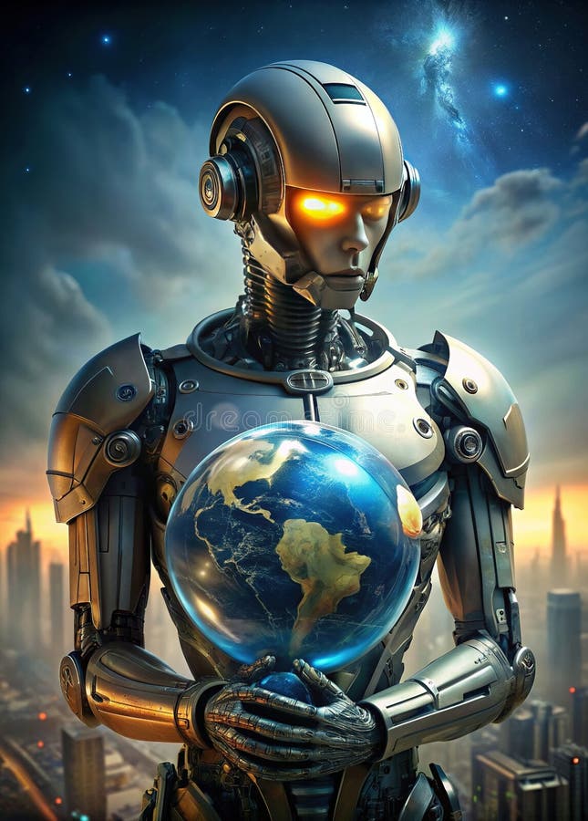 Robot Age. New Generation Robots. Robot Holding a World Globe Stock Illustration - Illustration ...