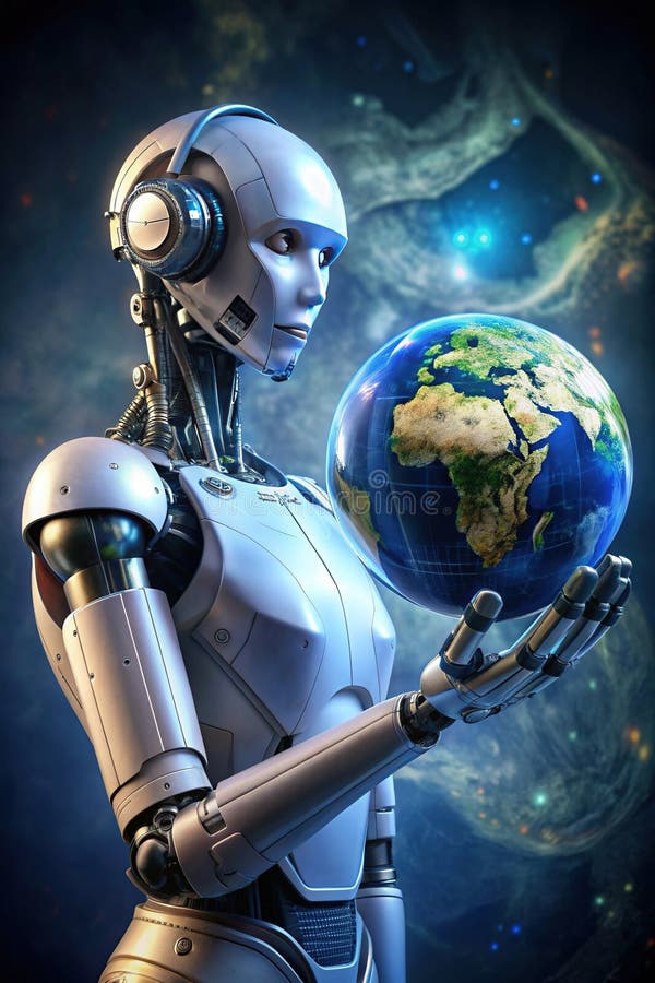 Robot Age. New Generation Robots. Robot Holding a World Globe Stock ...