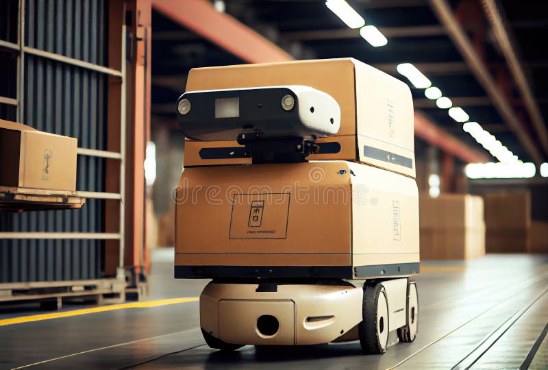 Robot AGV Transporting Cardboard Box in Warehouse Background Technology ...