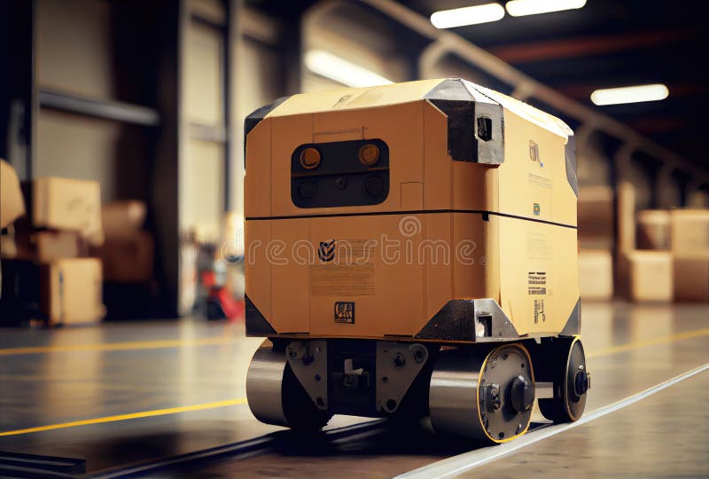 Robot AGV Transporting Cardboard Box in Warehouse Background Technology ...