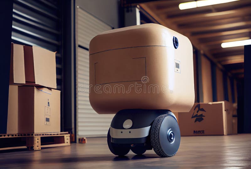 Robot AGV Transporting Cardboard Box in Warehouse Background ...