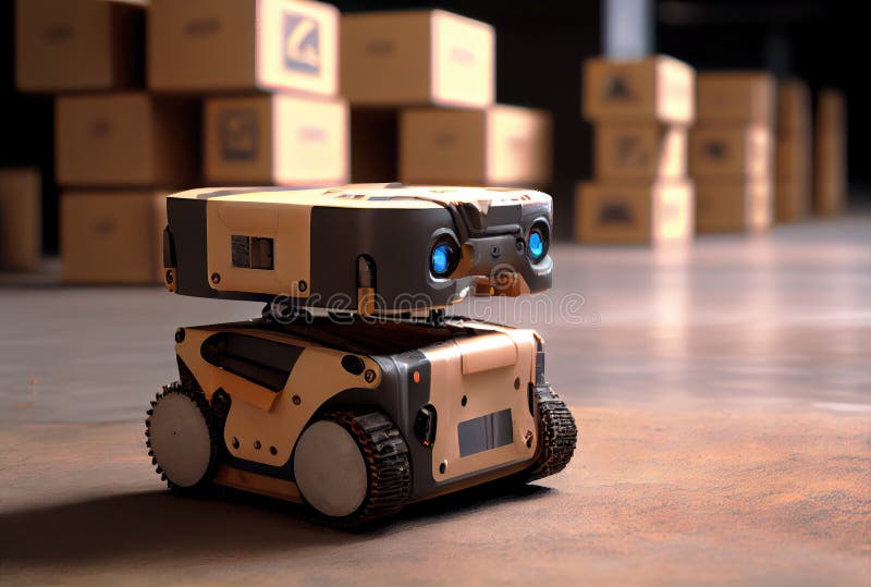Robot AGV Transporting Cardboard Box in Warehouse Background ...