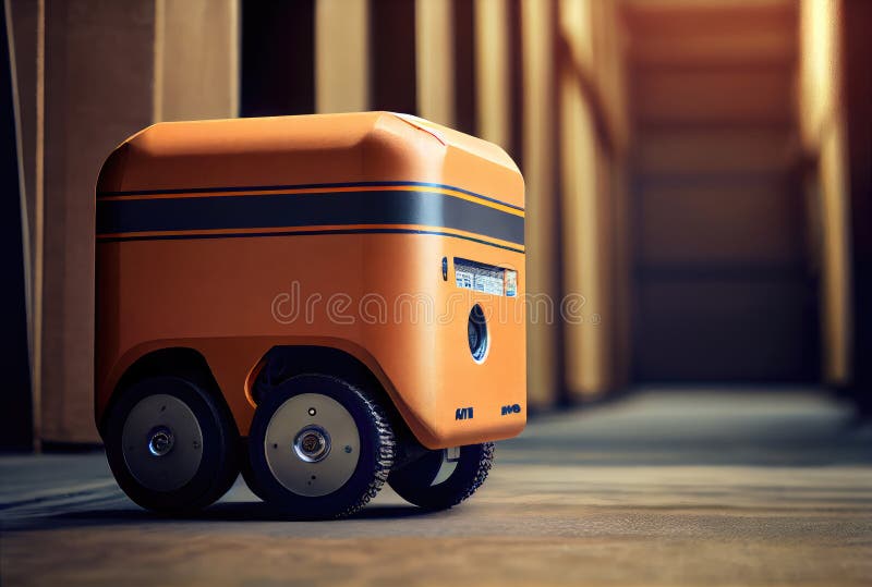 Robot AGV Transporting Cardboard Box in Warehouse Background ...
