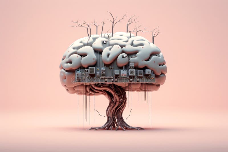Robot AI Brain with Trees on Pink Background. Artificial Intelligence ...