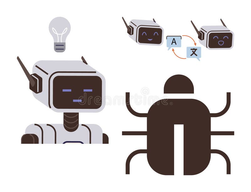 Robot with AI Features Representing Translation, Problem-solving, and Debugging Stock Vector ...