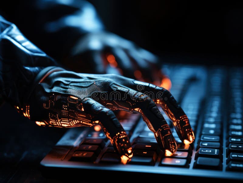 Robot AI Hand Using Laptop, Hacking System AI. Generative AI Stock ...