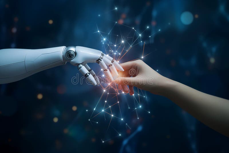 Robot AI, Machine Learning, Hands of Robot and Human Touching on Big ...