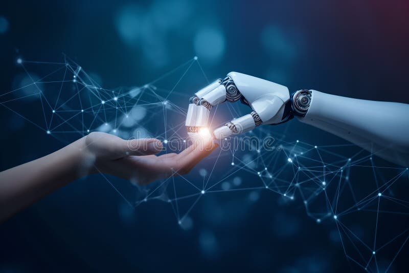 Robot AI, Machine Learning, Hands of Robot and Human Touching on Big ...