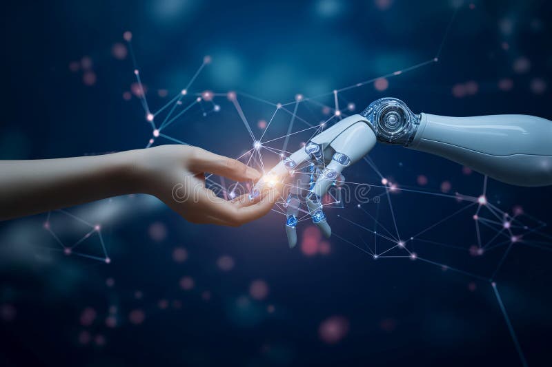 Robot AI, Machine Learning, Hands of Robot and Human Touching on Big ...
