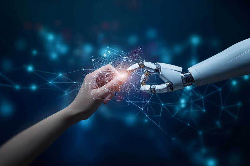 Robot AI, Machine Learning, Hands of Robot and Human Touching on Big ...