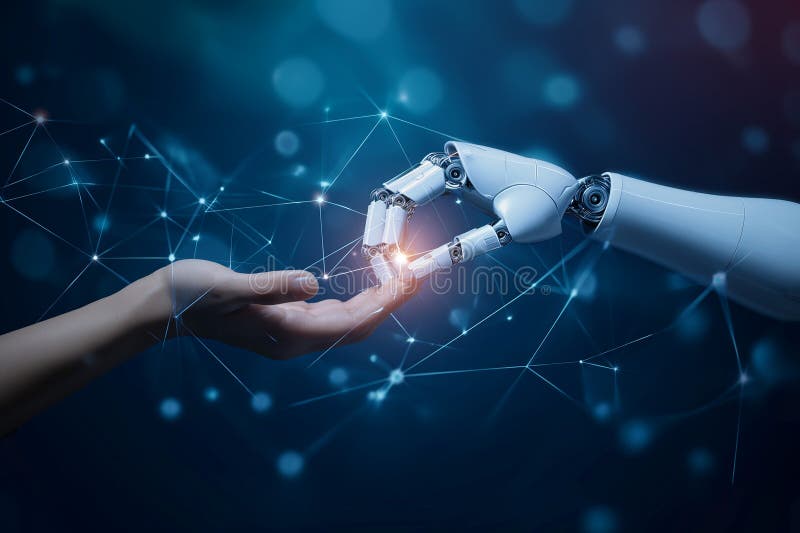 Robot AI, Machine Learning, Hands of Robot and Human Touching on Big ...