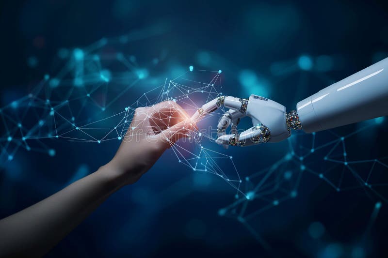 Robot AI, Machine Learning, Hands of Robot and Human Touching on Big ...