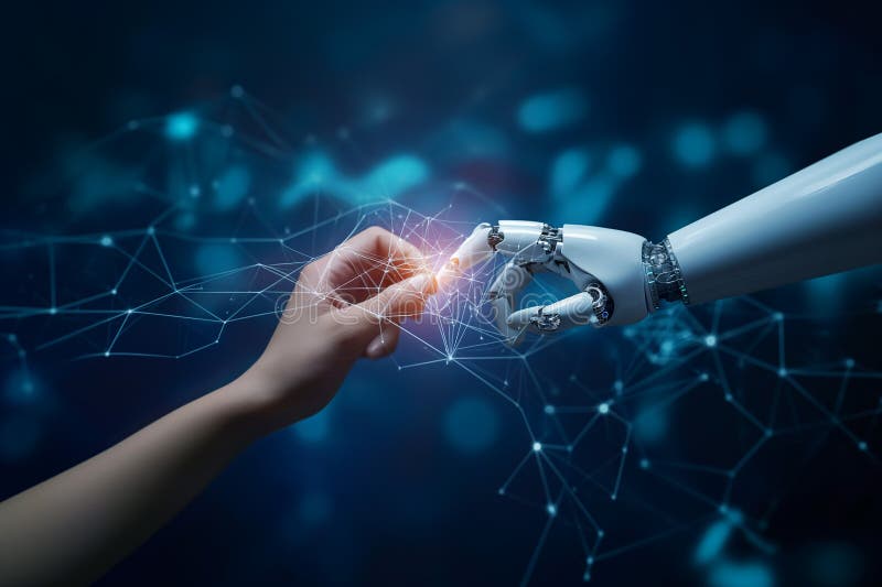 Robot AI, Machine Learning, Hands of Robot and Human Touching on Big Data Network Connection ...