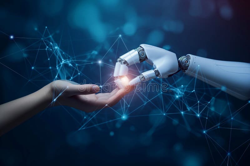 Robot AI, Machine Learning, Hands of Robot and Human Touching on Big Data Network Connection ...