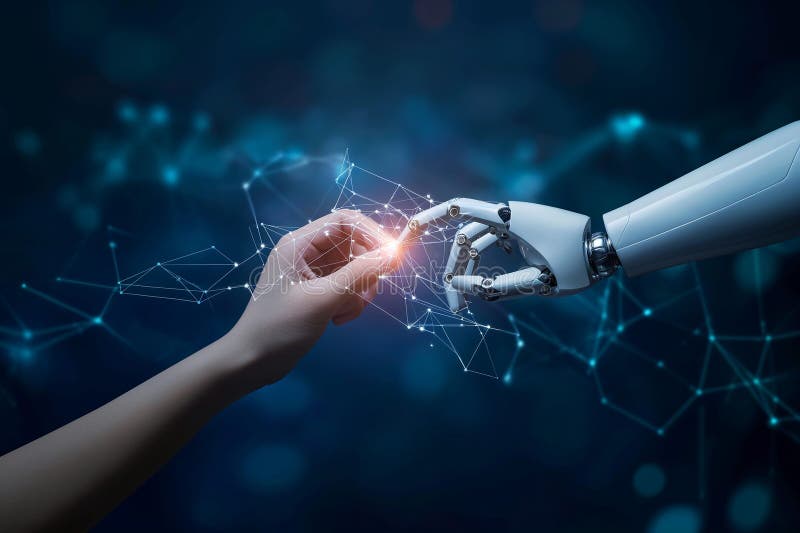 Robot AI, Machine Learning, Hands of Robot and Human Touching on Big ...