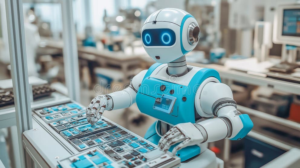 Robot Works at Factory Station, Performing Tasks with Precision during ...