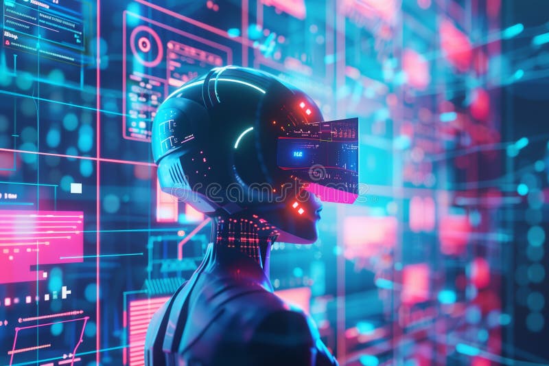 Robot AI Wearing Virtual Reality VR Goggles Headset Interacting with ...