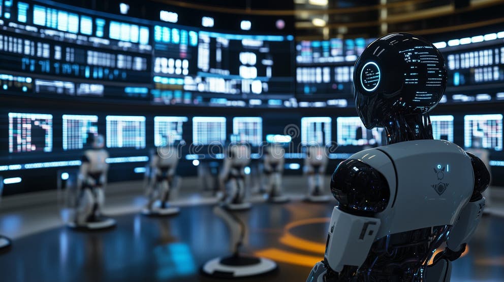 Robot Analysis in Data Command Center Stock Illustration - Illustration ...