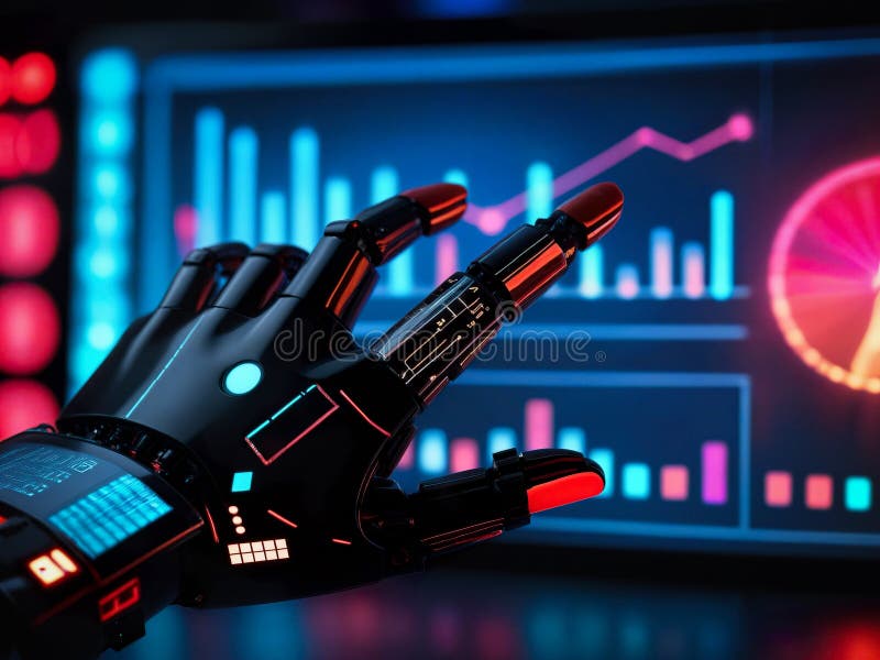 Robot with Artificial Intelligence Shows Graphs and Diagrams, Analytics ...
