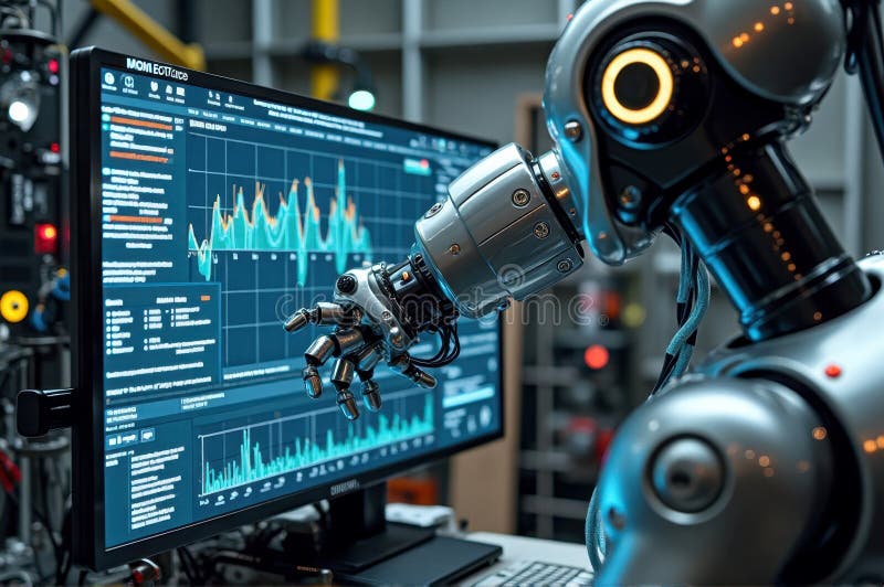 Robot Analyzing Data on Computer Screen in a High-tech Laboratory Stock Image - Image of ...
