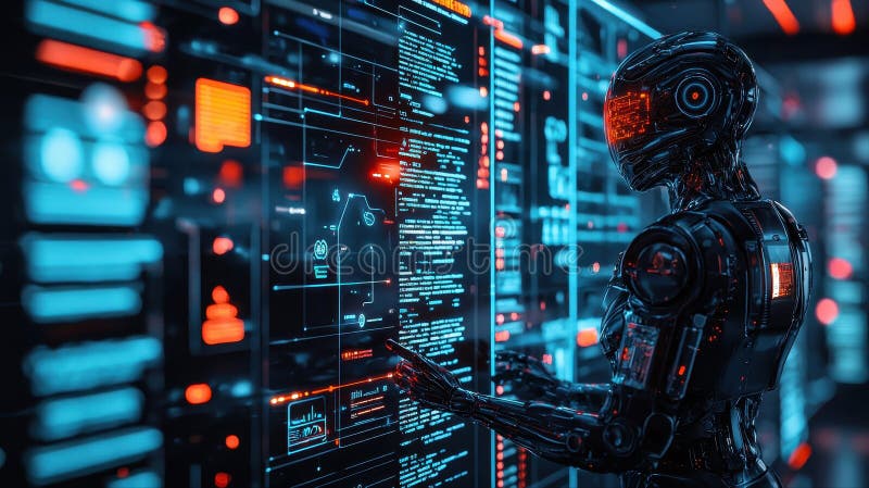 Robot Analyzing Data On A Computer Screen Representing The Integration